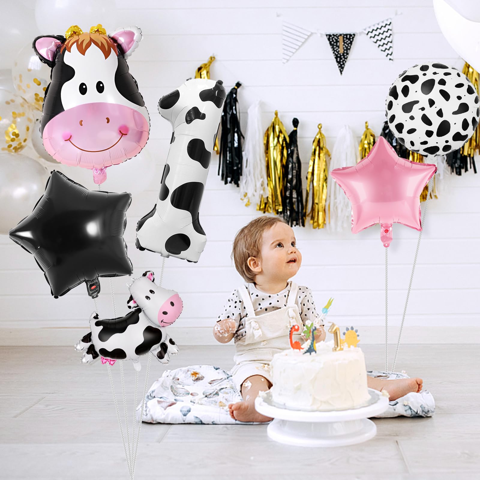 6 Pcs Cow Print Balloons 1st Birthday Party Supplies Cow Farm Animal Theme Decorations Cowgirl Western 40 Inch Number 1 Balloon Star for Baby Shower Girls Boys