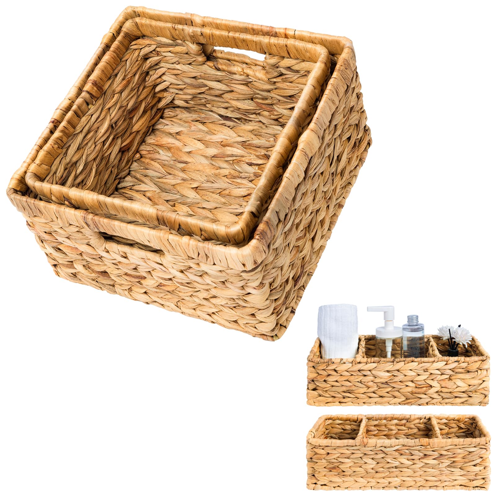 OEHID Water Hyacinth Storage Baskets, 2 Pack Rattan Storage Baskets for Organizing + 2 Pack Toilet Tank Paper Basket with 3-Section