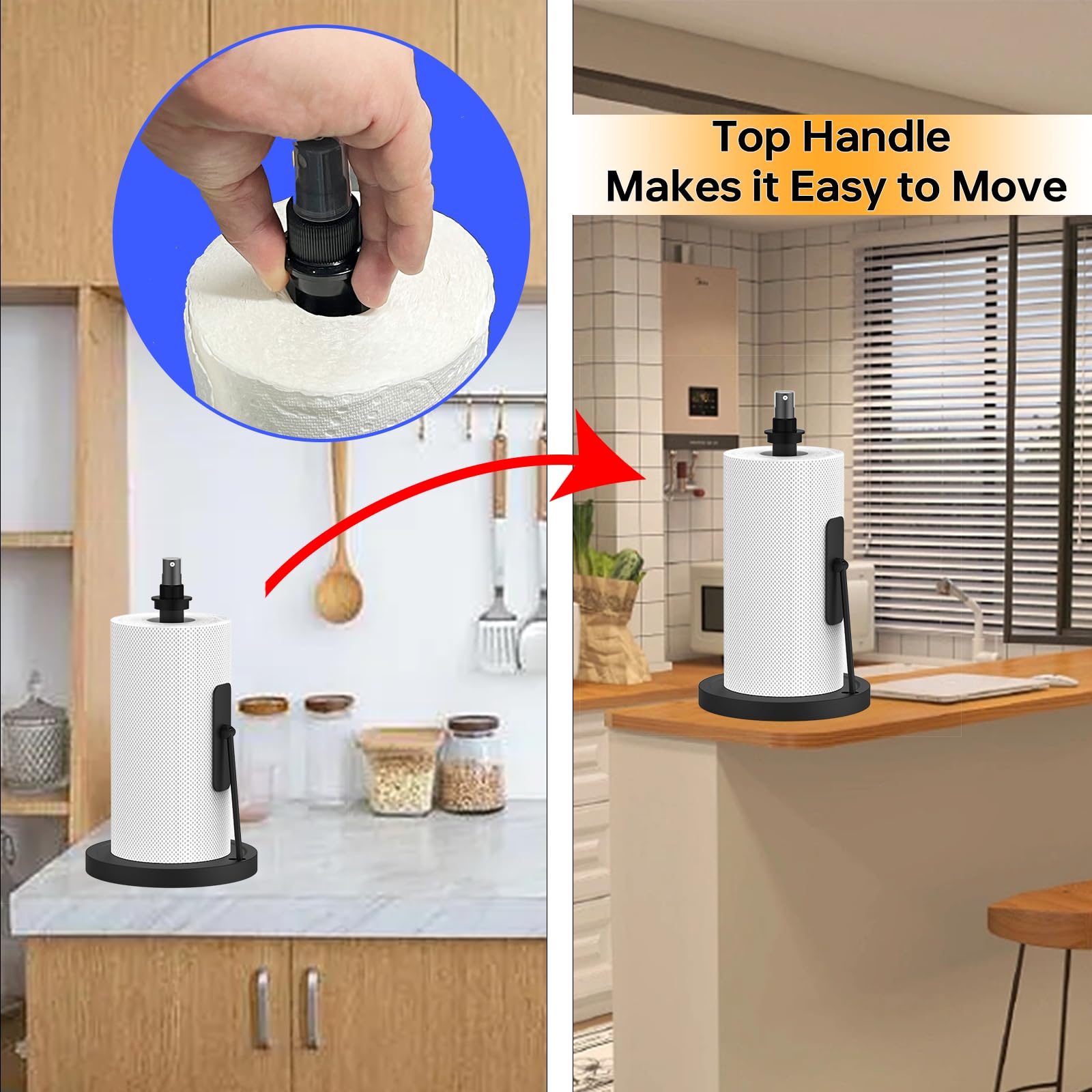 Manduoye 2 in 1 Paper Towel Holder with Spray Bottle, Paper Towel Holder One-Handed Operation with Non Slip Weighted Base, Paper Towel Holder Countertop for Kitchen and Bathroom (Black)