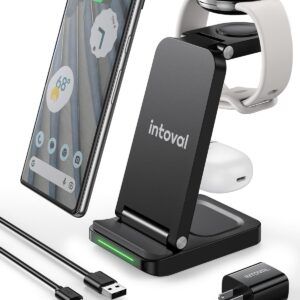 Intoval 3-in-1 Pixel Watch 1 Charger, Portable Wireless Charging Station for Google Pixel Watch 1, Pixel 8/8 Pro, Folding Charging Stand for Google Pixel Watch 1 gen (G3, Black)