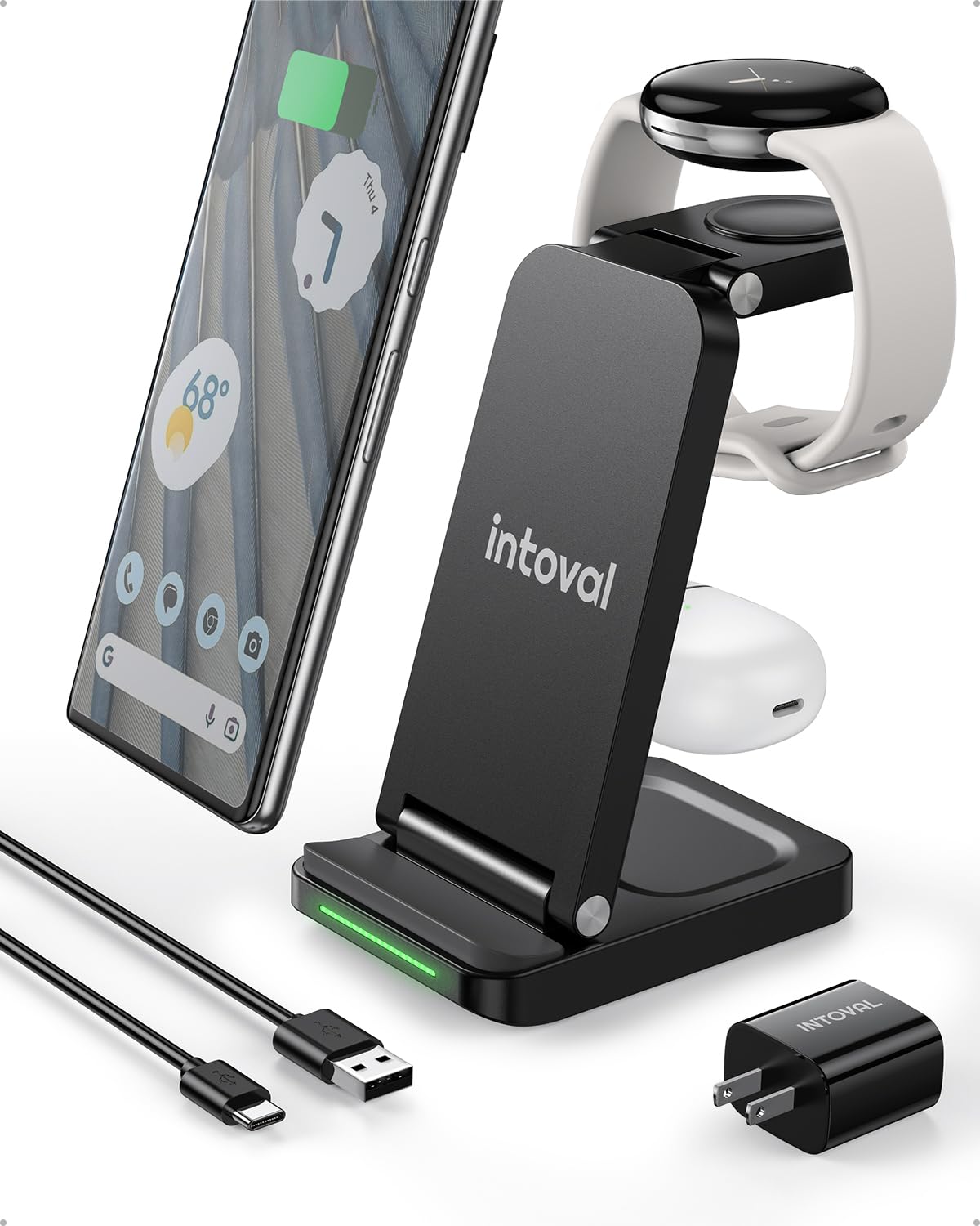 Intoval 3-in-1 Pixel Watch 1 Charger, Portable Wireless Charging Station for Google Pixel Watch 1, Pixel 8/8 Pro, Folding Charging Stand for Google Pixel Watch 1 gen (G3, Black)