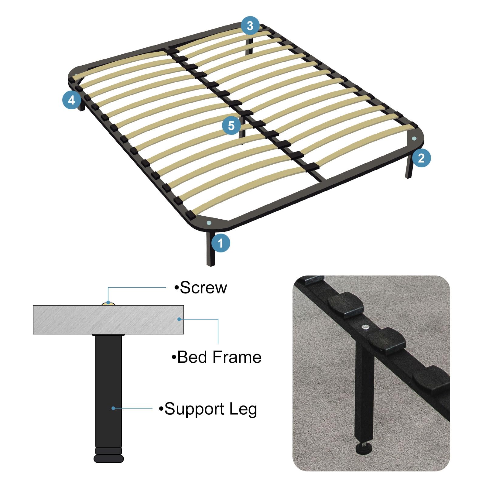 uxcell 4pcs Adjustable Height Bed Frame Support Legs Replacement Bed Rail Support Center Frame Slat Feet Risers(350mm-370mm/13.8"-14.6"), Black