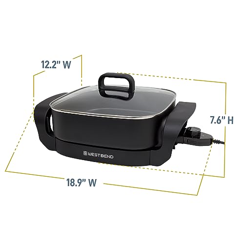 West Bend Electric Skillet, Family-Sized 3-Inch Deep with Diamond Shield Scratch-Resistant Non-Stick Finish, 12-Inch, Black