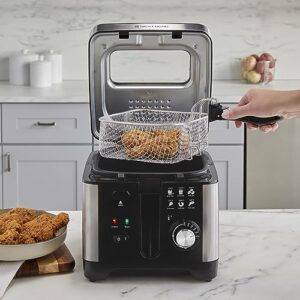 West Bend Deep Fryer with Adjustable Temperature Control Nonstick Basket Easy-View Window and Temperature Guide, Folding Handle and Locking Cover for Easy Storage, 3-Liter, Silver,Black, DFWB3LBK13