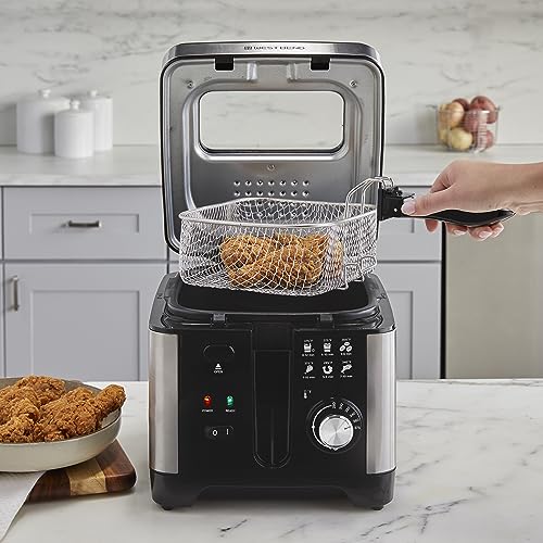 West Bend Deep Fryer with Adjustable Temperature Control Nonstick Basket Easy-View Window and Temperature Guide, Folding Handle and Locking Cover for Easy Storage, 3-Liter, Silver,Black, DFWB3LBK13