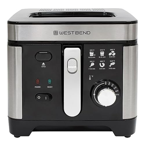 West Bend Deep Fryer with Adjustable Temperature Control Nonstick Basket Easy-View Window and Temperature Guide, Folding Handle and Locking Cover for Easy Storage, 3-Liter, Silver,Black, DFWB3LBK13