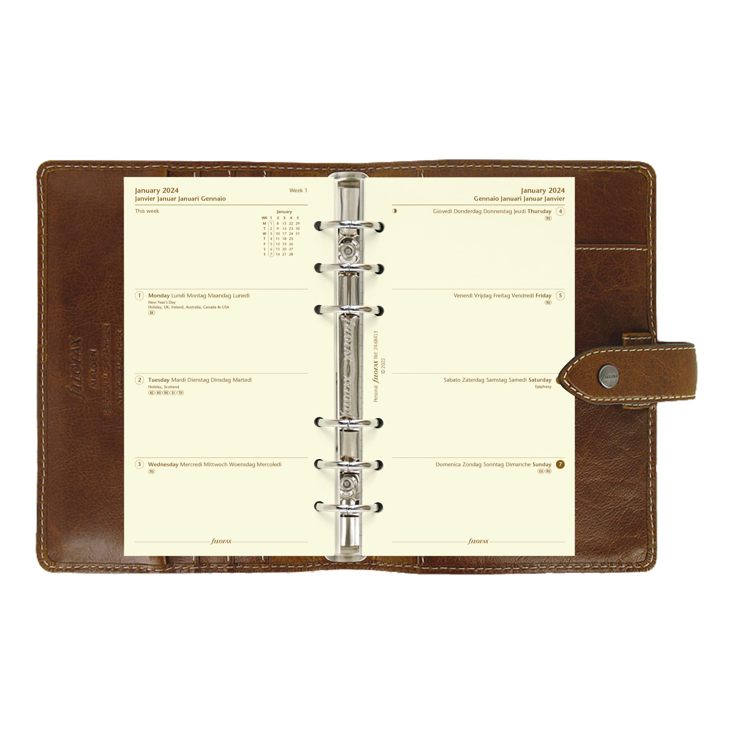 Filofax Malden Organizer, Personal Size, Ochre - Tactile, Full Grain Buffalo Leather, Six Rings, with Cotton Cream Week-to-View Calendar Diary, Multilingual, 2024 (C025808-24)