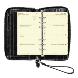 Filofax Malden Zip Organizer, Personal Compact Size, Black - Tactile, Full-Grain Buffalo Leather, Six Rings, with Cotton Cream Week-to-View Calendar Diary, Multilingual, 2024 (C022630-24)