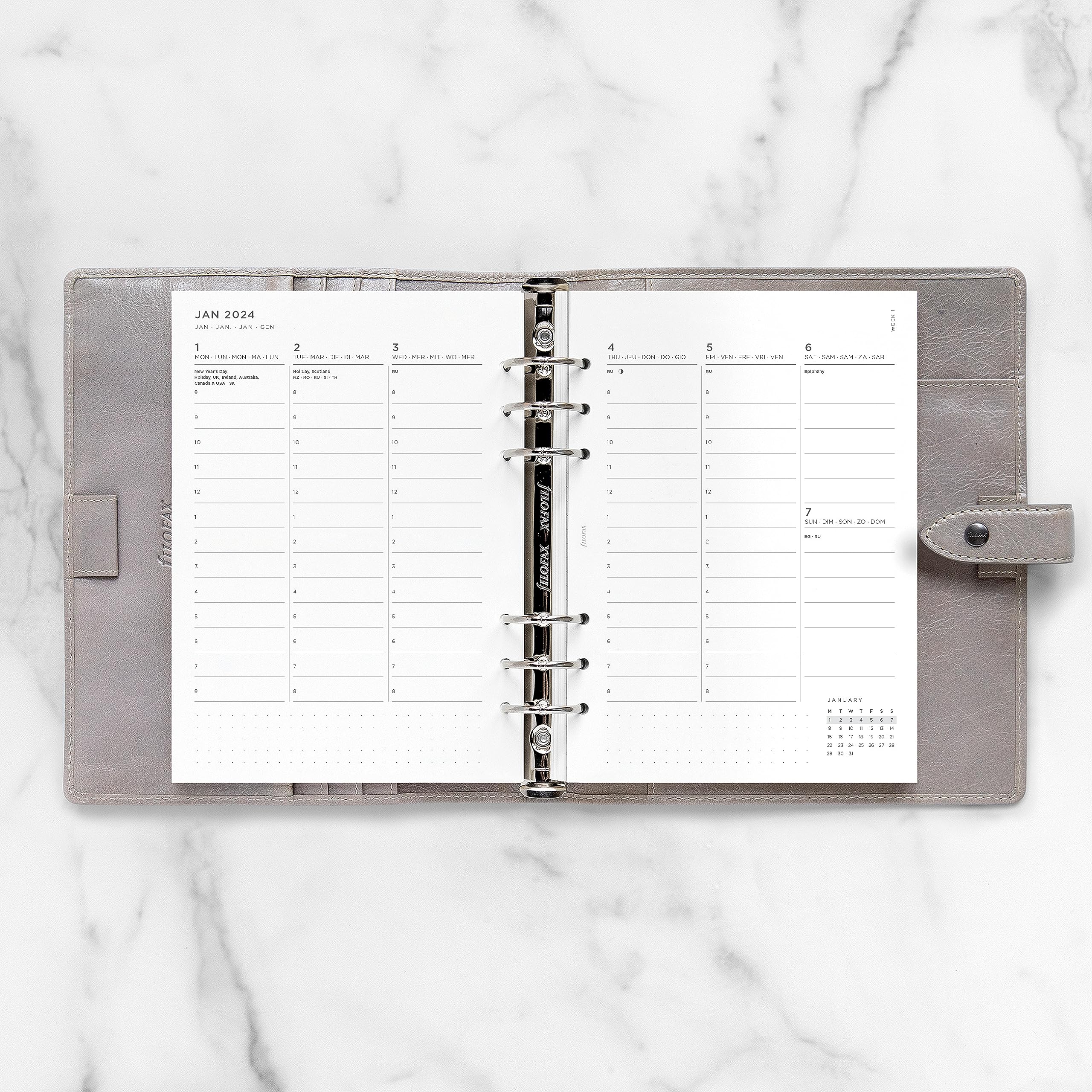 Filofax Calendar Diary Refill, A5 Size, Week-to-View with Appointments, Minimal Diary Pack, Vertical, White Paper, Multilingual: Five Languages, 2024 (C68593-24)