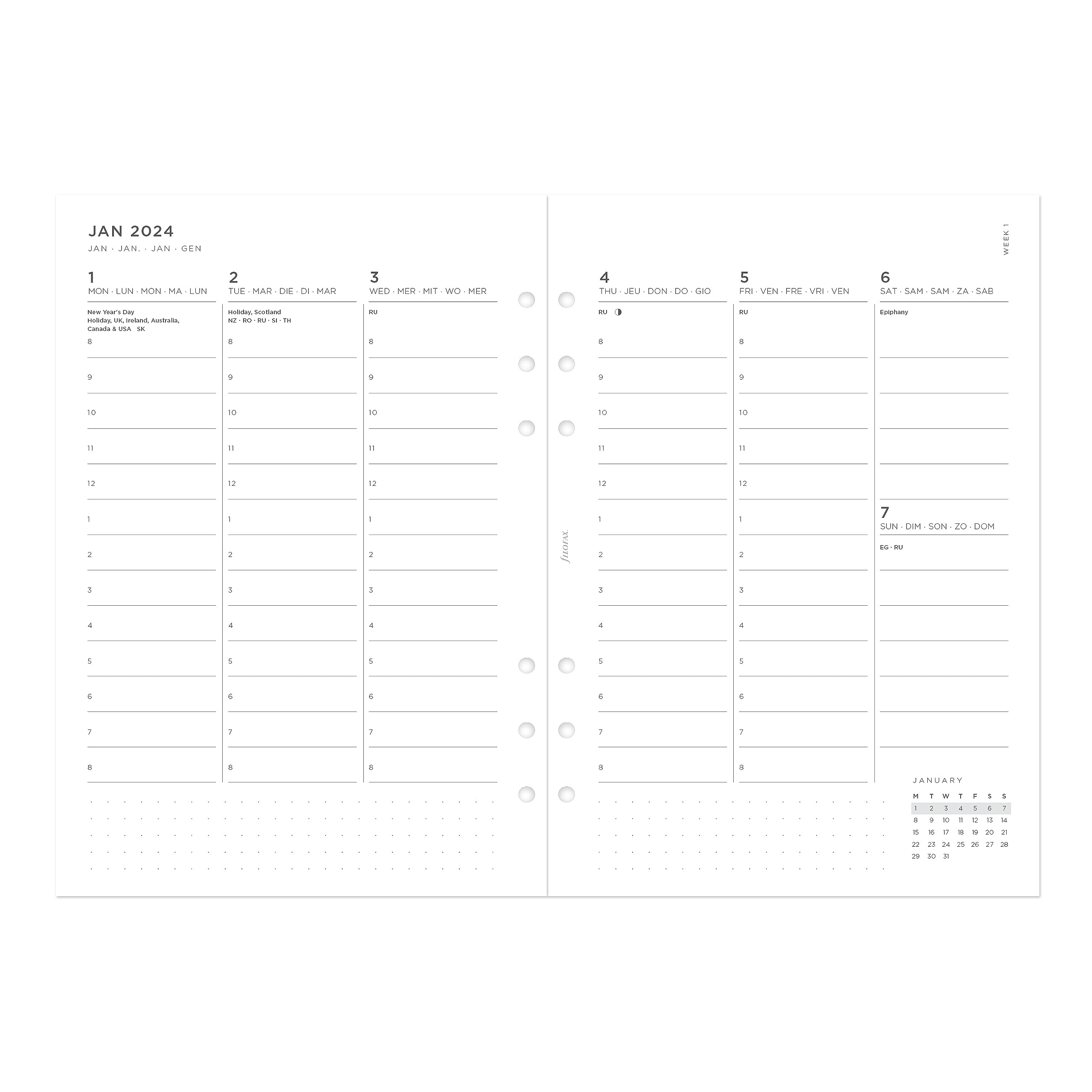 Filofax Calendar Diary Refill, A5 Size, Week-to-View with Appointments, Minimal Diary Pack, Vertical, White Paper, Multilingual: Five Languages, 2024 (C68593-24)