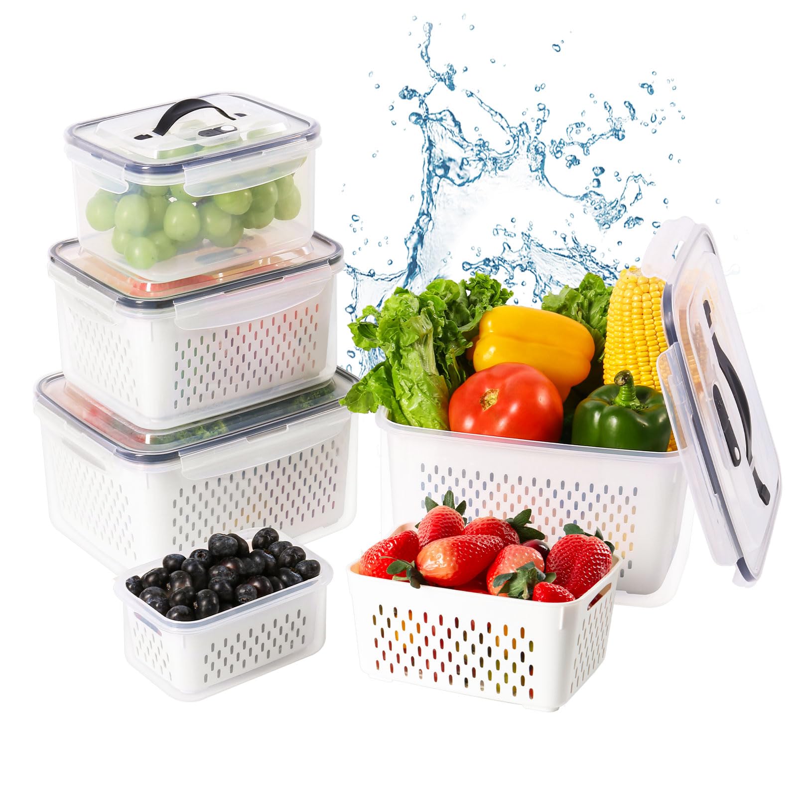 LUXEAR 5PCS Fruit Storage Containers For Fridge, Produce Vegetable Saver Container with Lid Colander Vent Handle, BPA-Free Refrigerator Microwave Dishwasher Safe, Keep Fruits Veggie Food Meat Fresh