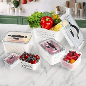 LUXEAR 5PCS Fruit Storage Containers For Fridge, Produce Vegetable Saver Container with Lid Colander Vent Handle, BPA-Free Refrigerator Microwave Dishwasher Safe, Keep Fruits Veggie Food Meat Fresh