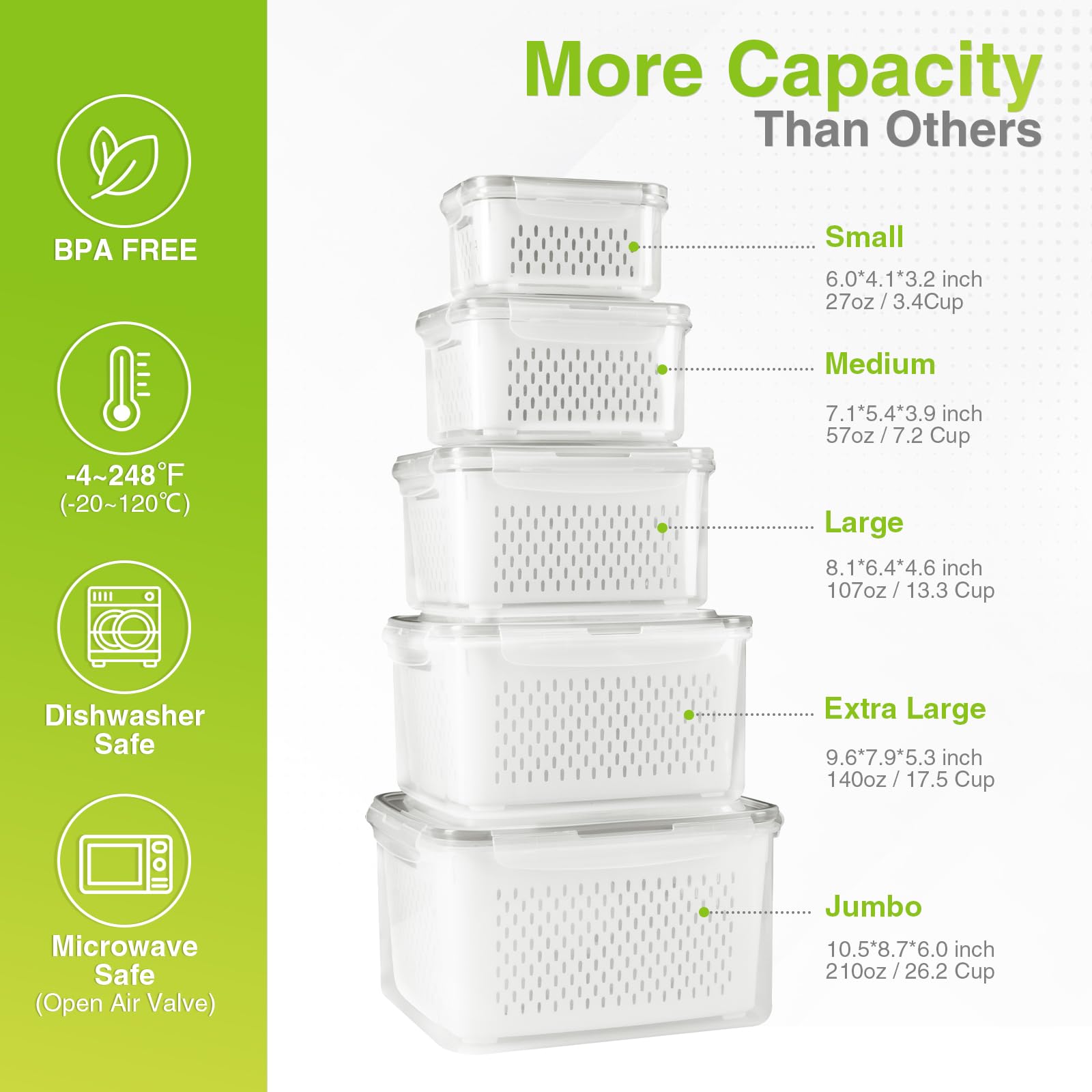 LUXEAR 5PCS Fruit Storage Containers For Fridge, Produce Vegetable Saver Container with Lid Colander Vent Handle, BPA-Free Refrigerator Microwave Dishwasher Safe, Keep Fruits Veggie Food Meat Fresh