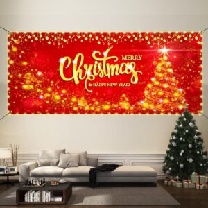 Trgowaul Christmas Garage Door Cover Banner Decoration with Light Large Red Xmas Garage Door Mural Christmas Tree Photography Background Party Supply Happy New Year Garage Door Christmas Decor7x16ft