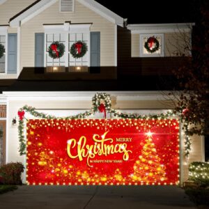 Trgowaul Christmas Garage Door Cover Banner Decoration with Light Large Red Xmas Garage Door Mural Christmas Tree Photography Background Party Supply Happy New Year Garage Door Christmas Decor7x16ft