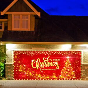 Trgowaul Christmas Garage Door Cover Banner Decoration with Light Large Red Xmas Garage Door Mural Christmas Tree Photography Background Party Supply Happy New Year Garage Door Christmas Decor7x16ft