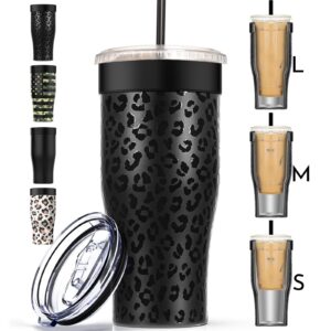 universal iced coffee sleeve - upgraded double wall reusable stainless steel holder sleeves insulator for cold drinks fits starbucks dunkin donuts mcdonalds small medium large cup (black leopard)