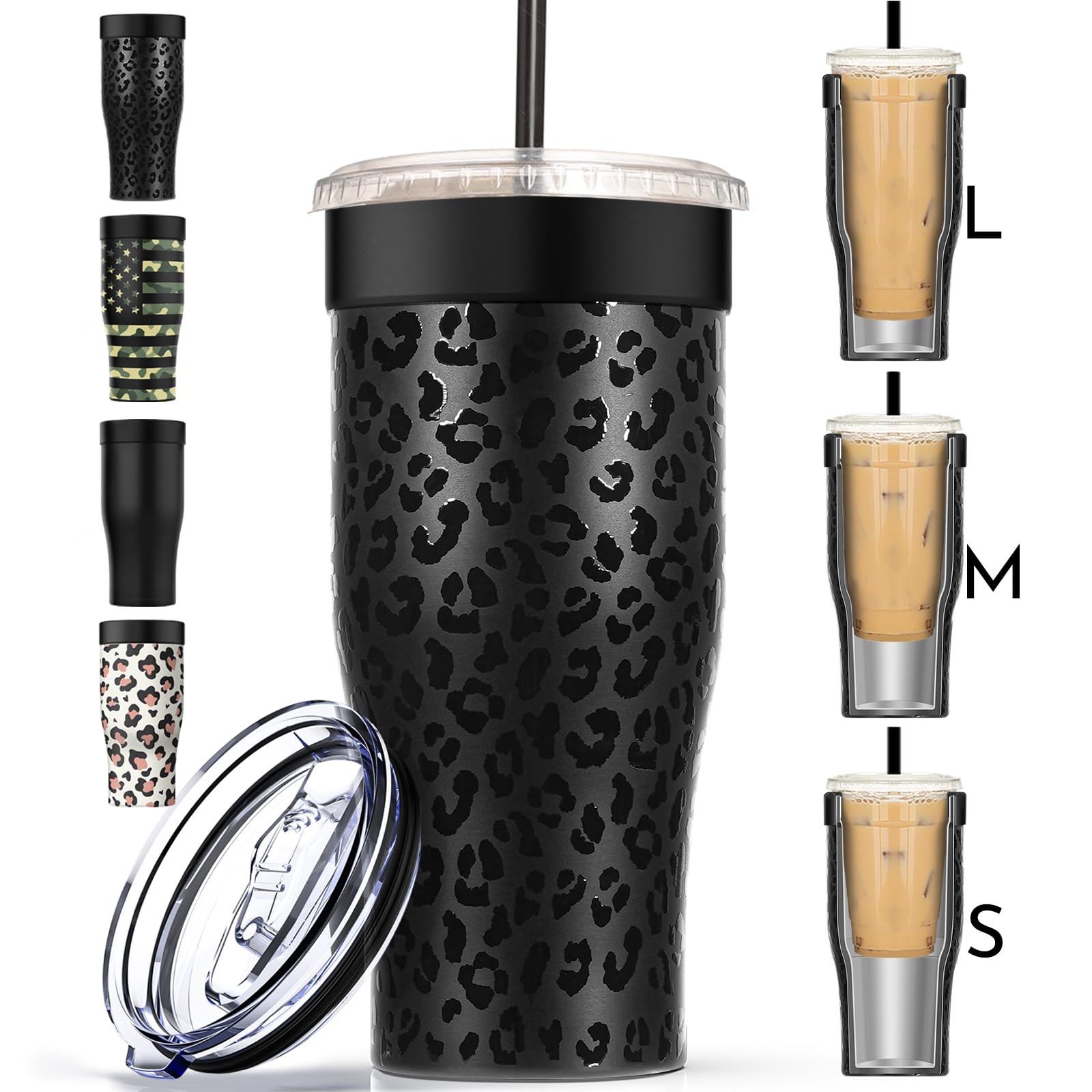 Universal Iced Coffee Sleeve - Upgraded Double Wall Reusable Stainless Steel Holder Sleeves Insulator for Cold Drinks Fits Starbucks Dunkin Donuts McDonalds Small Medium Large Cup (Black Leopard)