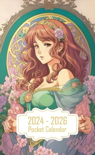 Pocket Calendar 2024-2026: Two-Year Monthly Planner for Purse , 36 Months from January 2024 to December 2026 | Art-Nouveau-Style | Cloze Decorative Frame | Anime 1980's Female