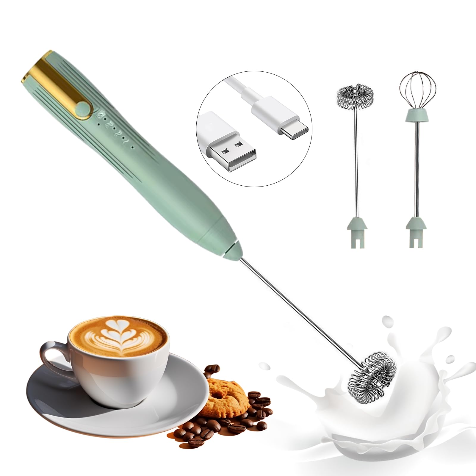 TQASER Powerful Handheld Milk Frother, USB Rechargeable Electric Foam Maker for Coffee, Mini Milk Foamer, Stainless Steel Drink Mixer for Lattes, Cappuccino, Frappe, Matcha, Hot Chocolate