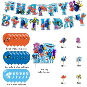 Finding Nemo Birthday Decorations, Finding Nemo Party Supplies Include Happy Birthday Banner, Cake Topper and Cupcake Toppers, Balloons for Finding Dory Party Decor