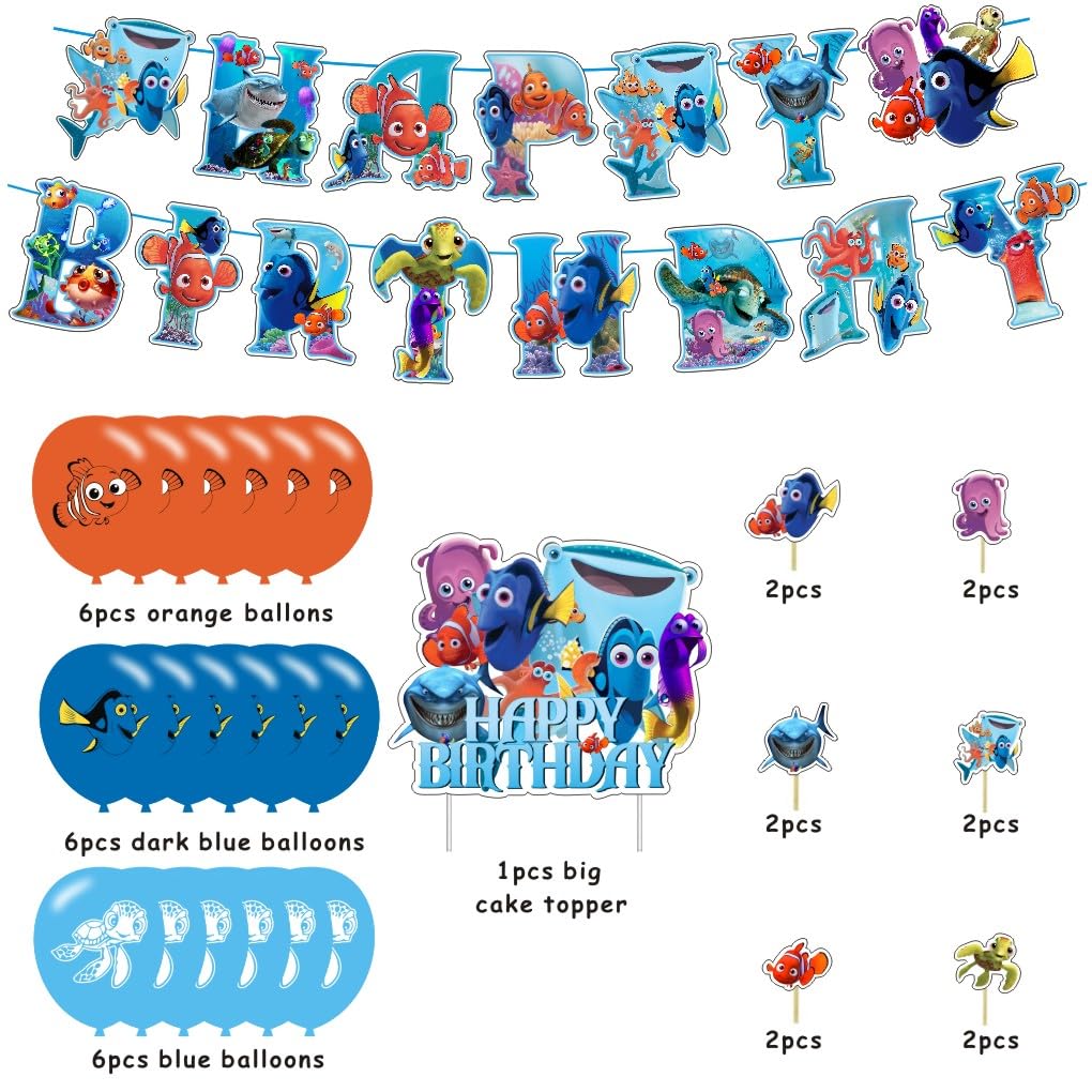 Finding Nemo Birthday Decorations, Finding Nemo Party Supplies Include Happy Birthday Banner, Cake Topper and Cupcake Toppers, Balloons for Finding Dory Party Decor