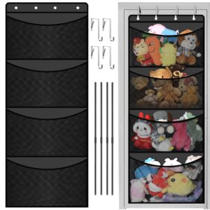 lanjepmy stuffed animal storage, over the door stuff animal organizer hanging, organizer storage with 4 large mesh pocket, hanging door storage for nursery newborn baby essentials stuff (black)