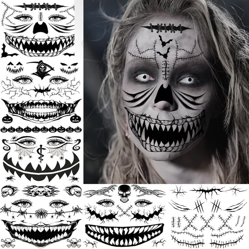 Enyacos 7pcs Scary Halloween Face Temporary Tattoos For Women Men,Skeleton Mouth Tattoo,Halloween Makeup Adults, 3d Spider Web Face Tattoo Sticker,Fake Cuts Halloween Decor Party Supplies (A)