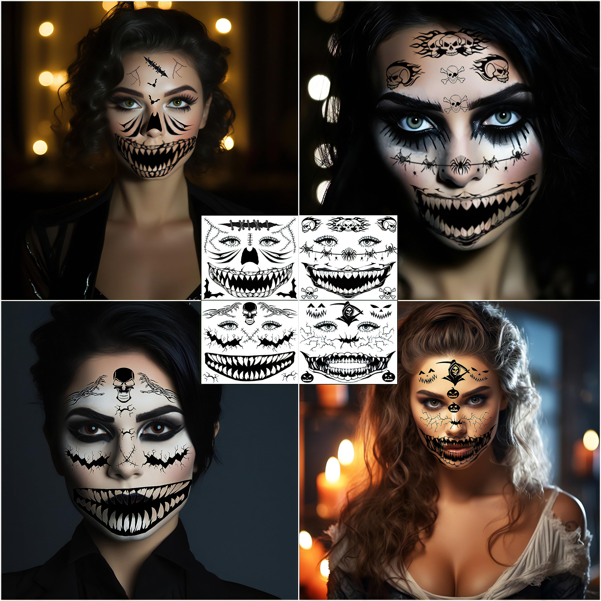 Enyacos 7pcs Scary Halloween Face Temporary Tattoos For Women Men,Skeleton Mouth Tattoo,Halloween Makeup Adults, 3d Spider Web Face Tattoo Sticker,Fake Cuts Halloween Decor Party Supplies (A)