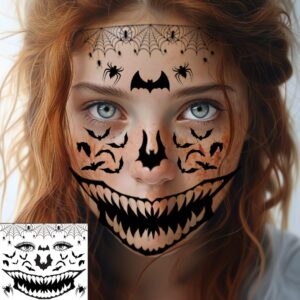 Enyacos 7pcs Scary Halloween Face Temporary Tattoos For Women Men,Skeleton Mouth Tattoo,Halloween Makeup Adults, 3d Spider Web Face Tattoo Sticker,Fake Cuts Halloween Decor Party Supplies (A)