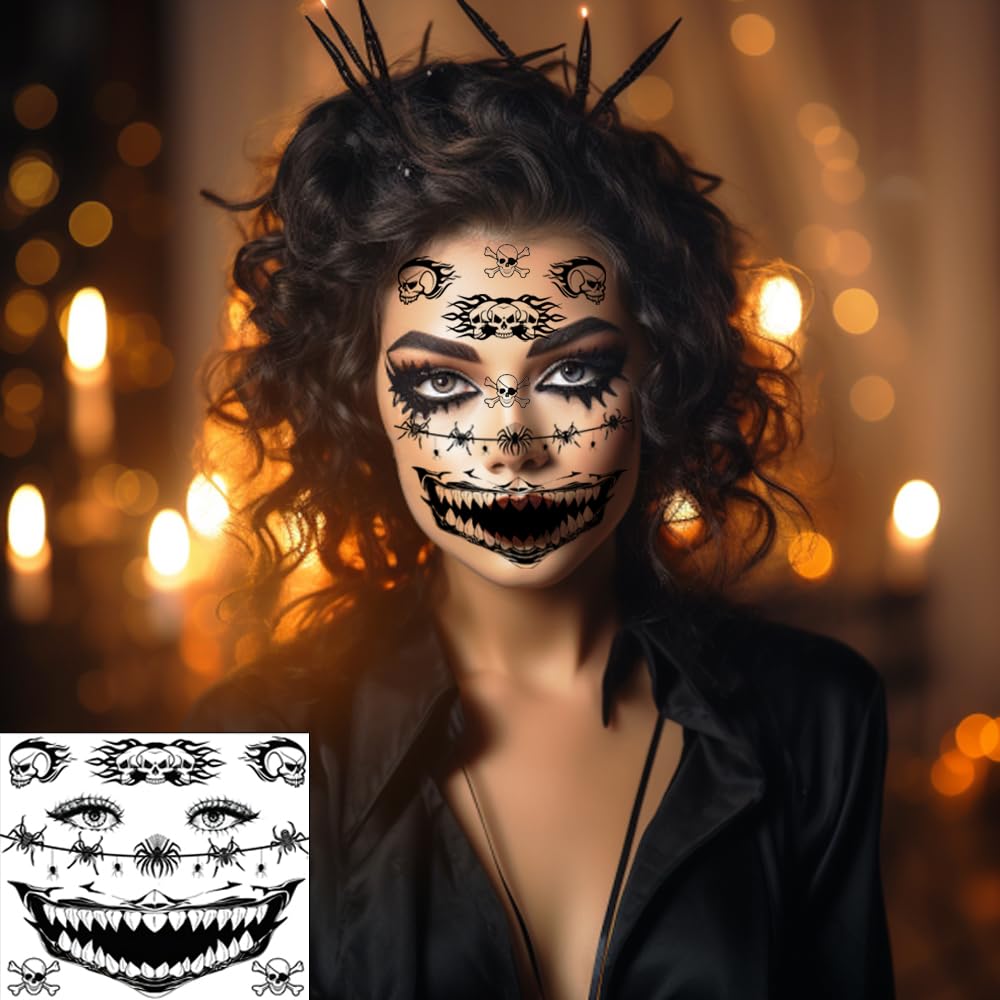 Enyacos 7pcs Scary Halloween Face Temporary Tattoos For Women Men,Skeleton Mouth Tattoo,Halloween Makeup Adults, 3d Spider Web Face Tattoo Sticker,Fake Cuts Halloween Decor Party Supplies (A)