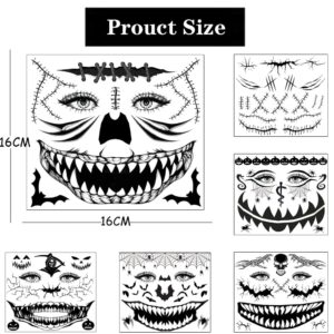 Enyacos 7pcs Scary Halloween Face Temporary Tattoos For Women Men,Skeleton Mouth Tattoo,Halloween Makeup Adults, 3d Spider Web Face Tattoo Sticker,Fake Cuts Halloween Decor Party Supplies (A)