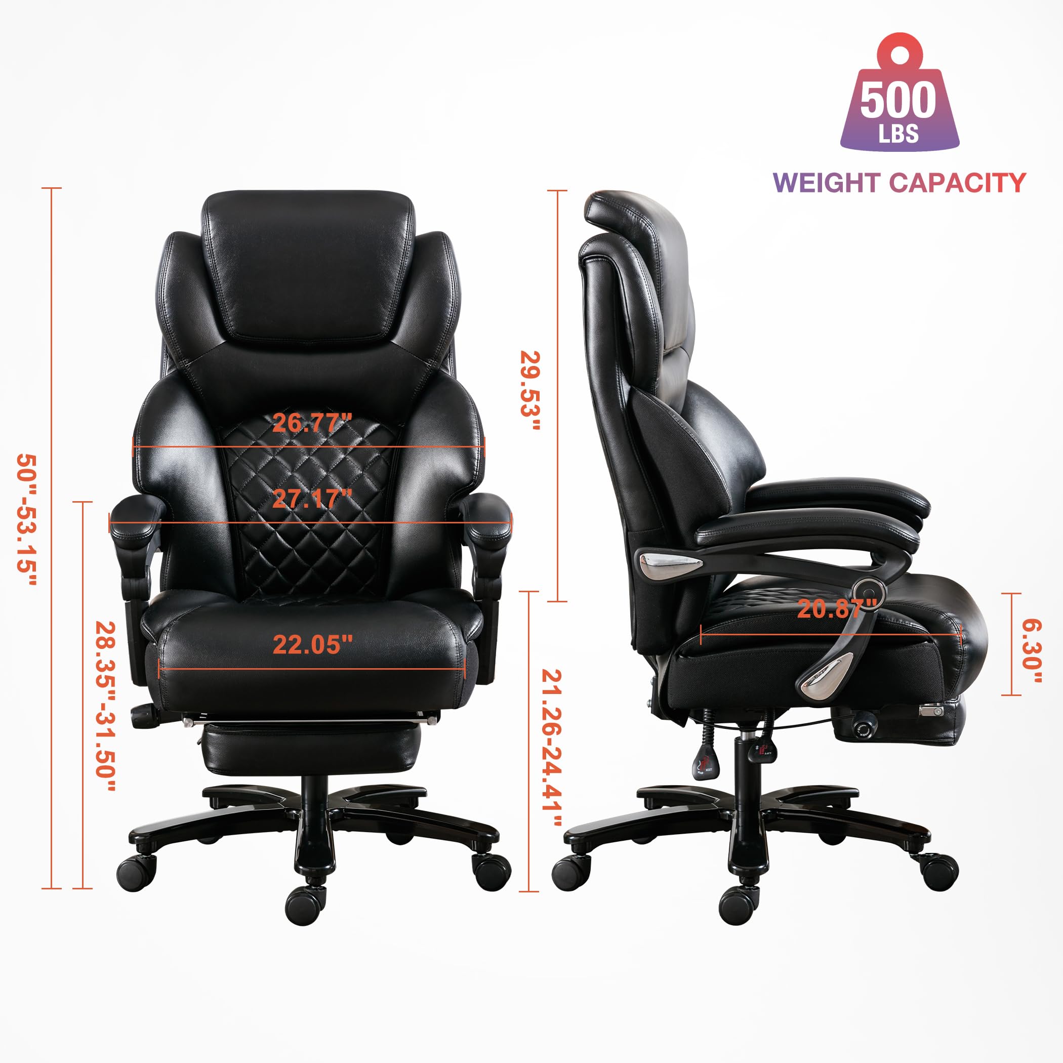 Big and Tall Office Chair 500lbs, High Back Recline Office Chair with Adjustable Lumbar Support, Footrest and Headrest, Heavy Duty Ergonomic Executive Computer Desk Chair