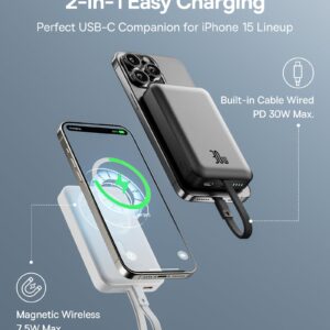 Baseus Magnetic Power Bank, 30W PD Fast Charging 10000mAh for Magsafe Battery Pack Built-in USB-C Cable (in&Out), Power Bank for iPhone 15 Pro Max, iPhone 15/15 Plus/15 Pro, Galaxy, iPad, Pixel, etc.