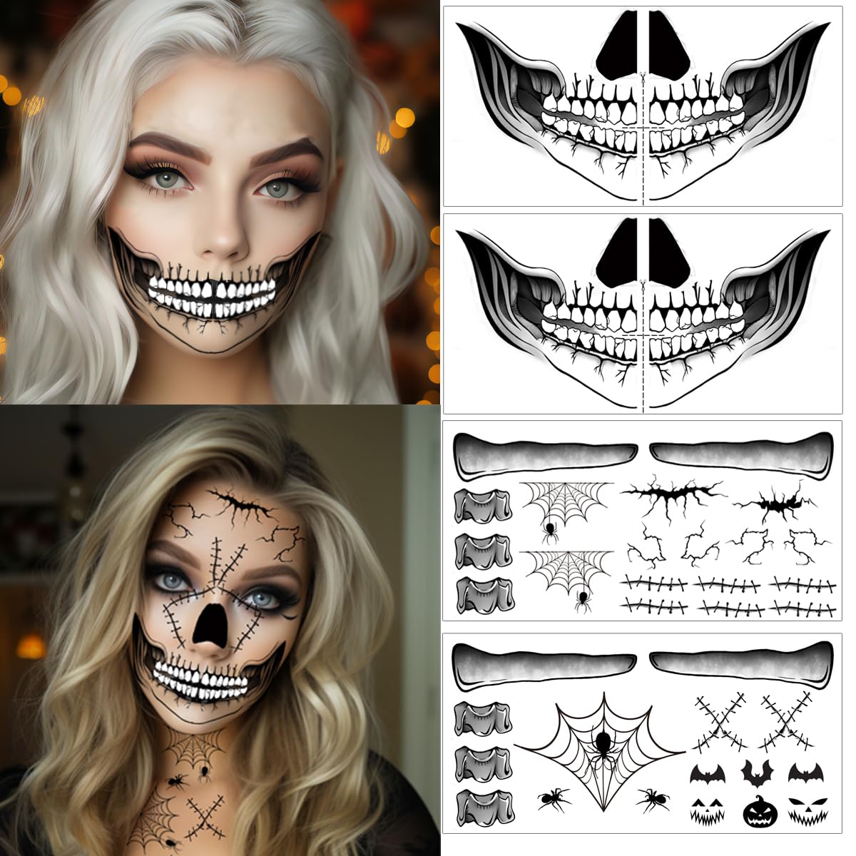 ENYACOS skeleton mouth tattoo,devil face tattoo,halloween spider web face stickers,halloween make up adults,face tattoos for men and women,horror make up,scary face tattoos (A)