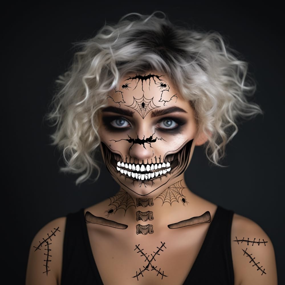 ENYACOS skeleton mouth tattoo,devil face tattoo,halloween spider web face stickers,halloween make up adults,face tattoos for men and women,horror make up,scary face tattoos (A)