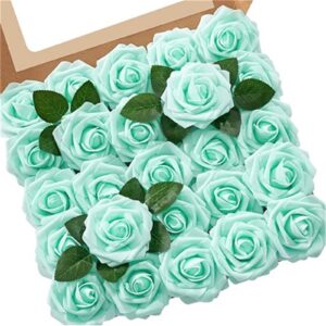 Watonic Rose Soap Flower Gift Box Artificial Flowers Rose Plus Leaf Belt Rod 25 Flowers Packed Rose Head Faux Outdoor Fall Flowers Floral Silk (Green, B)