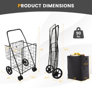 S AFSTAR Shopping Cart with Oxford Liner Bag, 27 Gal Folding Grocery Cart on Wheels, Double Basket, 330 LBS Weight Capacity, Portable Granny Cart Shopping Cart for Market Laundry (Black)