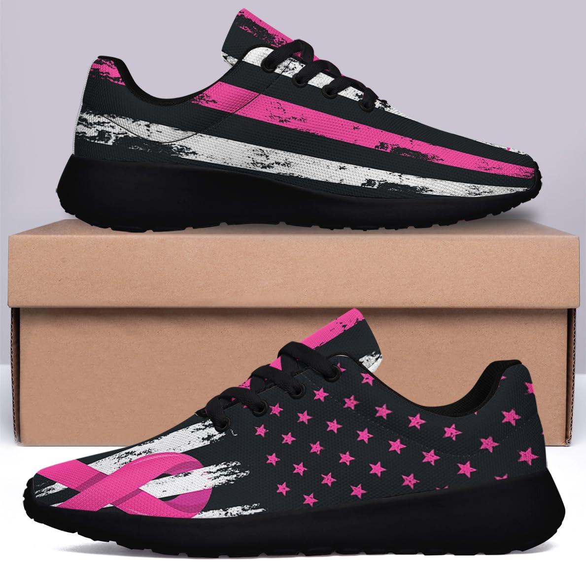 Breast Cancer Awareness Shoes Women Fashion Breathable Running Sneakers Cancer Pink Ribbon Shoes for Ladies Black Size 5