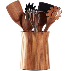 lohoner wooden utensil holder for countertop, 360° rotating kitchen utensil holder, 7.2"x 6" large acacia cooking utensil holder for kitchen counter, farmhouse kitchen decor