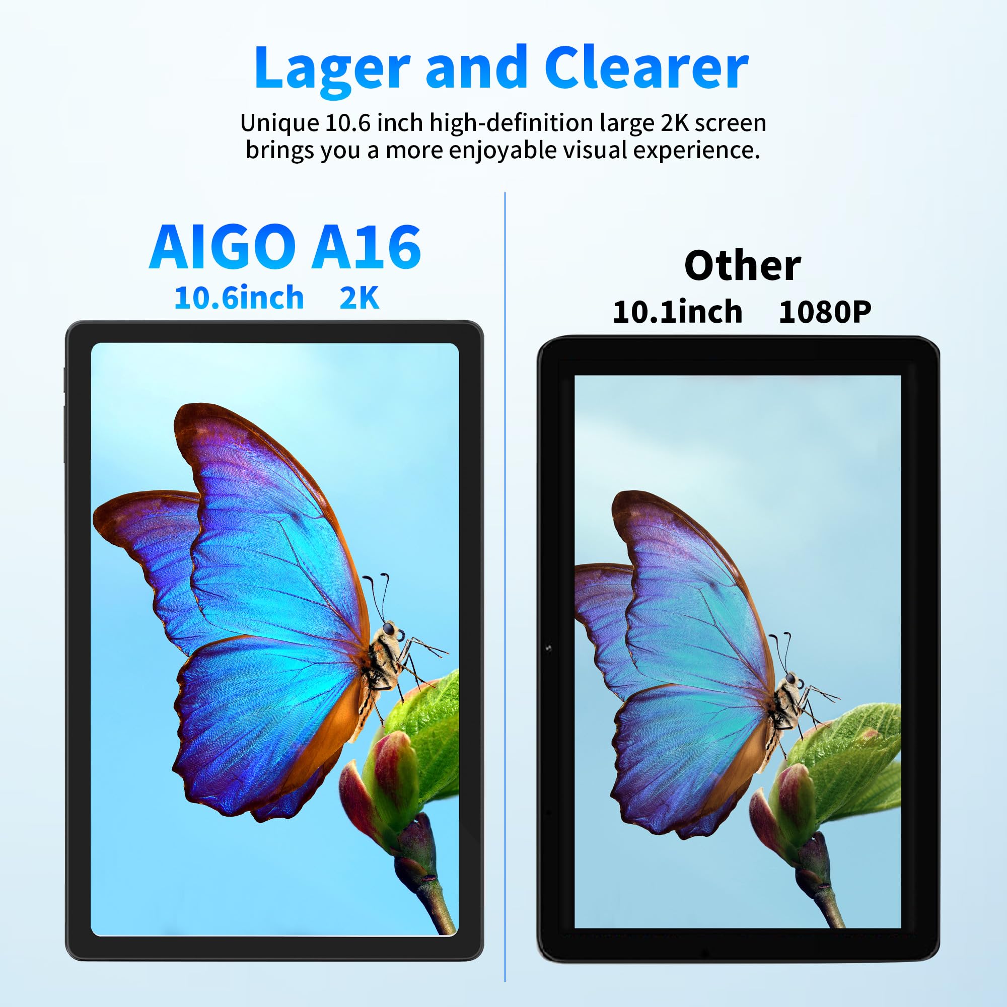 aigo 10.6 Inch Big Android Tablet 2K Tablet 16GB(8+8) + 128GB, Octa-Core Android 13 Gaming Tablet, 6000mAh Long Batterie, GPS, Dual WiFi - A16 Pro