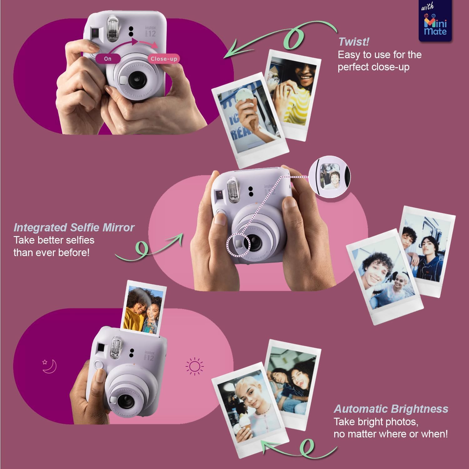 Fujifilm Instant Mini 12 Instant Camera Lilac Purple + MiniMate Accessory Bundle & Compatible Custom Case + Fuji Instant Film Value Pack (50 Sheets) Designer Photo Album (Lilac Purple)