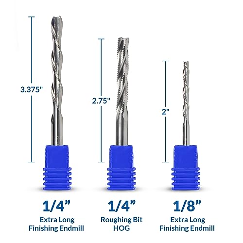 IDC Woodcraft Extended Length CNC Router Bit Set (3-Piece) - Premium Extra Long Precision Carbide Bits for Guitar Making and Other CNC Projects That Require Deep Cuts