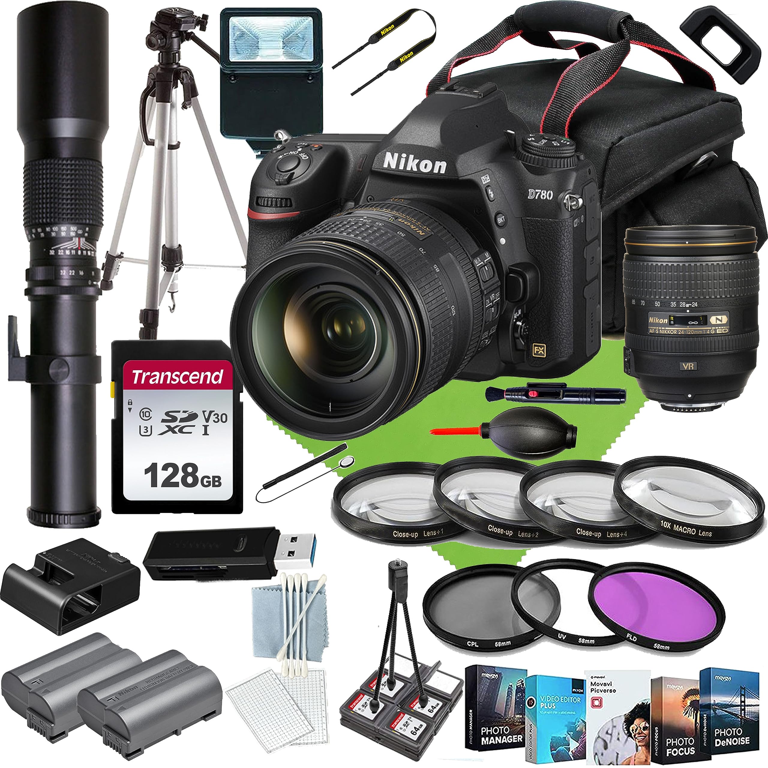 Nikon D780 DSLR Camera with 24-120mm Lens+Case+Case+128 GIG Memory+Grip Tripod+Photo Software+Commander Starter Kit(27PC) Bundle (Renewed)