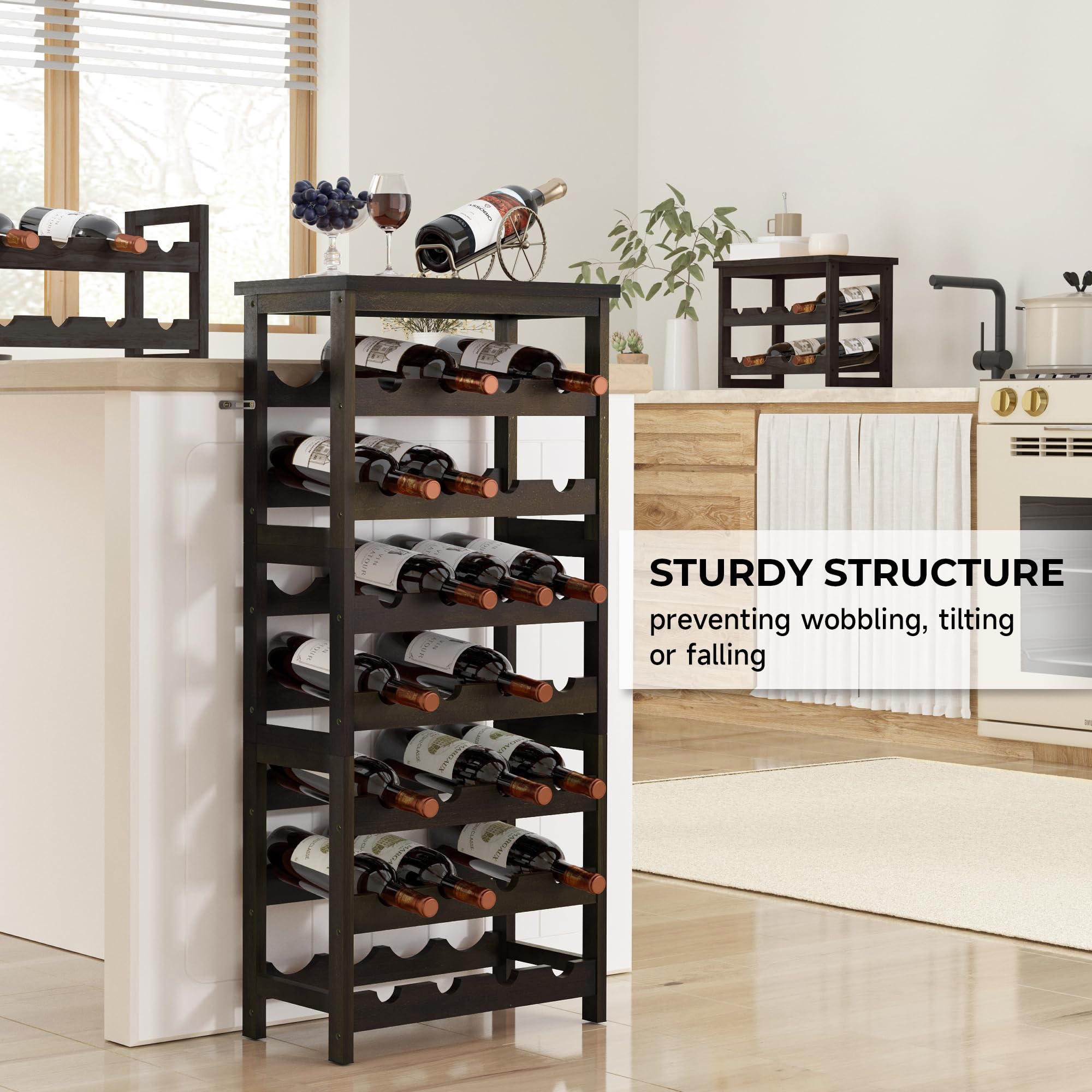 28-Bottle Wine Rack Free Standing Floor, Solid Wood 7-Tier Display Wine Storage Shelves with Tabletop, Wobble-Free Bottle Holder for Cellar Kitchen Bar Dining Room Living Room, Walnut