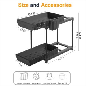 Sevenblue 2 Pack Double Sliding Under Sink Organizers and Storage, 2 Tier Under Bathroom Cabinet Shelf Organizer with Hooks Hanging Cup, Home Organization, Black