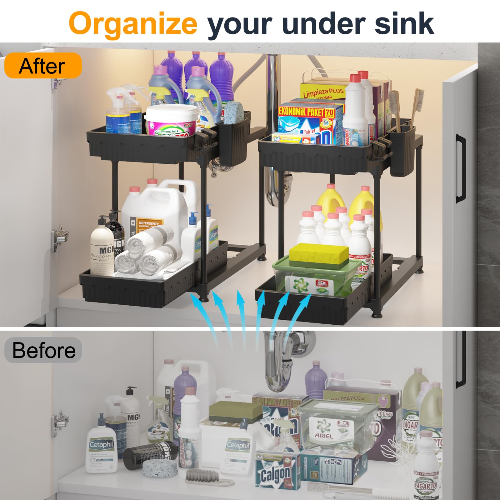 Sevenblue 2 Pack Double Sliding Under Sink Organizers and Storage, 2 Tier Under Bathroom Cabinet Shelf Organizer with Hooks Hanging Cup, Home Organization, Black