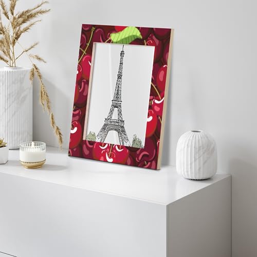 Red Cherry 4x6 Picture Frame, Fruit Pattern Wooden Photo Frames for Tabletop and Wall Display, Picture Frame Home Office Decor