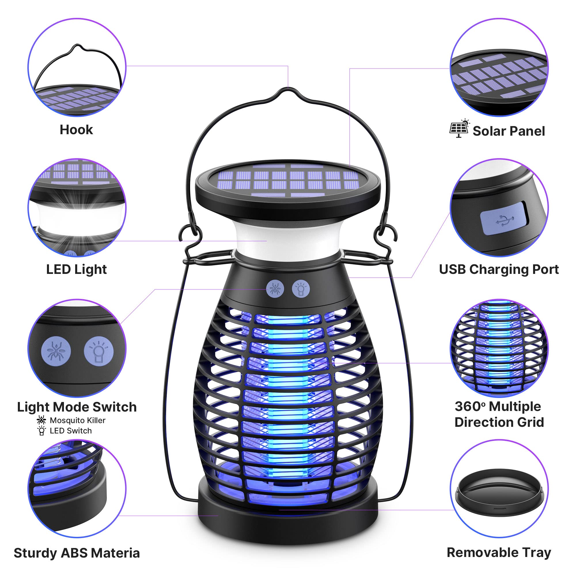 Solar Bug Zapper Outdoor, Rechargeable Cordless Buzzbug Mosquito Zapper Indoor, Waterproof Mosquito Trap Fly Zapper for Garden Patio Camping Essentials