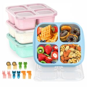 cigenbon bento snack boxes 4 pack, reusable bento boxes kids with 4 compartments & fork, lunch snack containers for kids adults, divided food storage containers for school work travel (wheat)